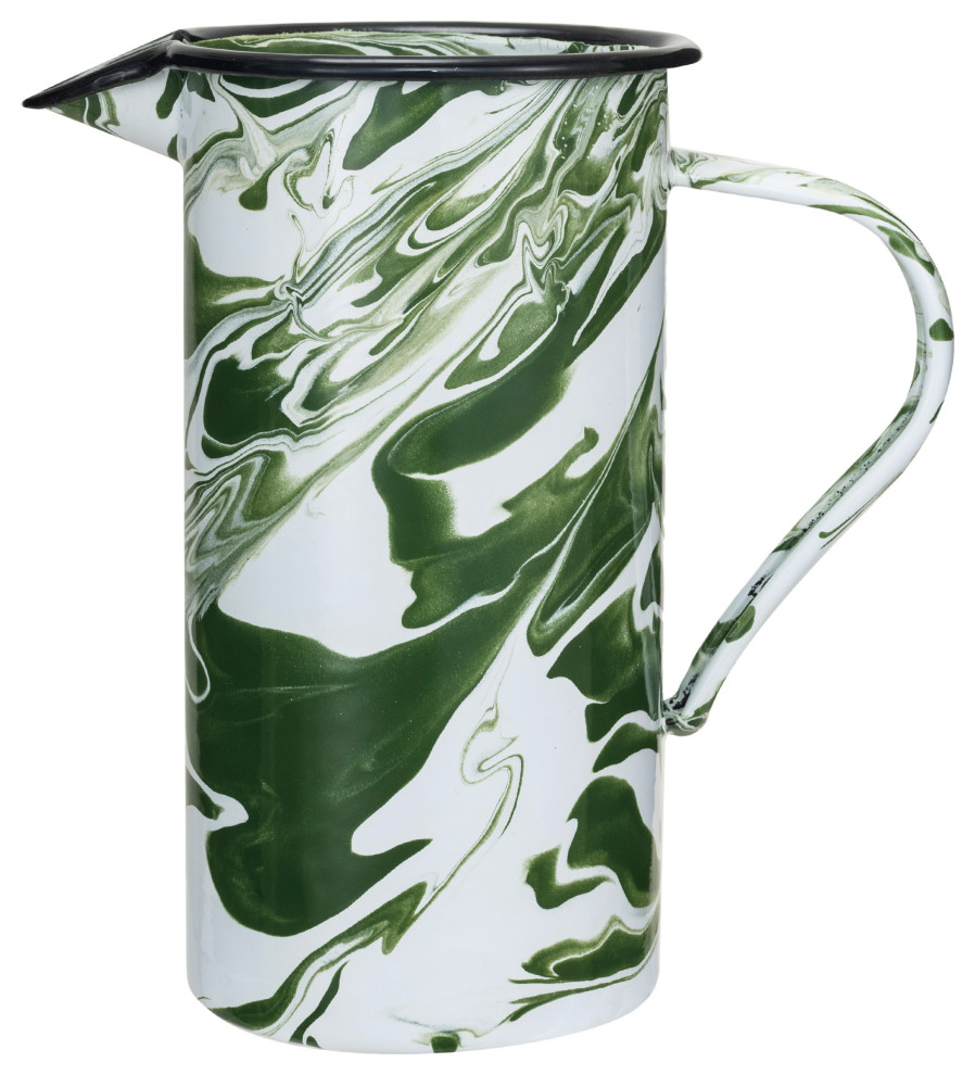 Marbled Enameled Pitcher With Black Rim, Green and White - Contemporary ...