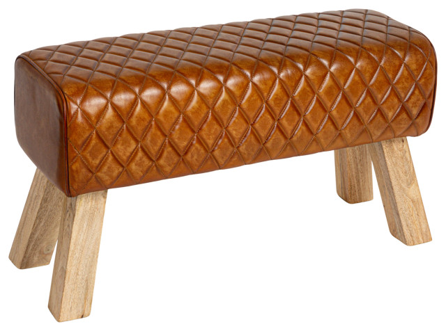 Brown Stitched Leather and Wood Bench - Transitional - Upholstered ...