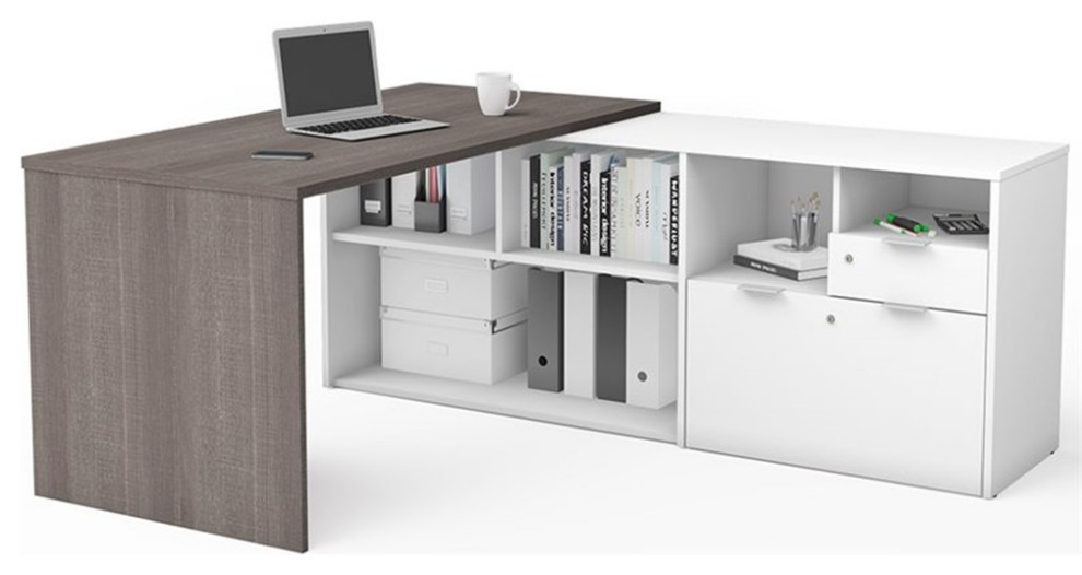 Bestar i3 Plus L Shape Computer Desk in Bark Gray and White ...