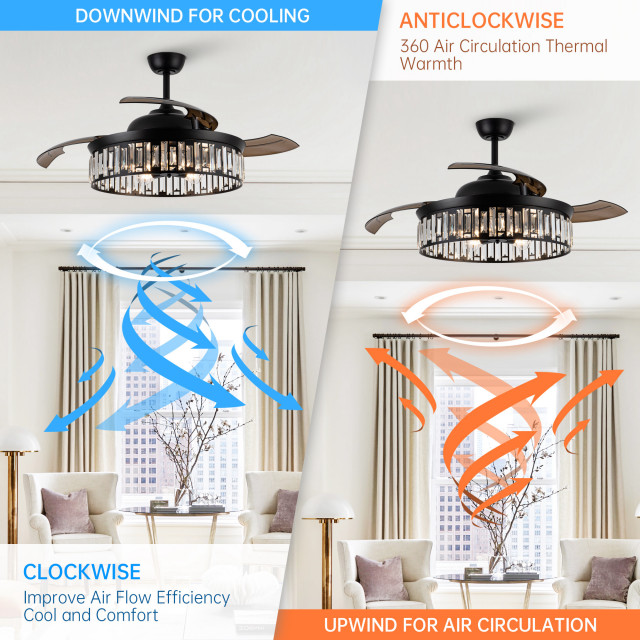 52 in Indoor Modern Black Crystal Smart Ceiling Fan With Light and ...