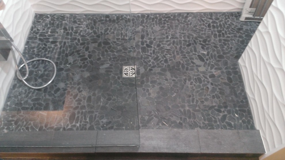 MASTER BATHROOM - Large Wave Tile Shower / Penny Tile Wainscot / Ikea ...