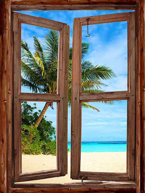 Beach Cabin Window Mural #2 One Piece Peel & Stick CANVAS Wall Mural ...