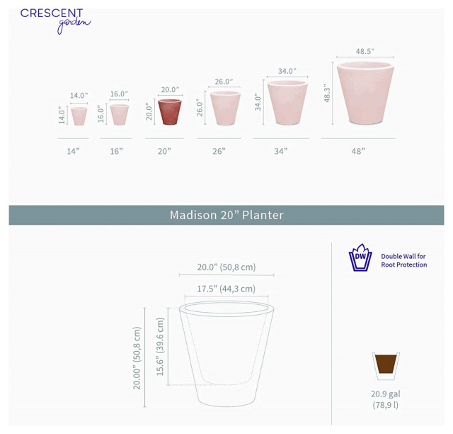 Crescent Garden Madison Planter, Double-Walled Plant Pot, 20" Weatherd ...