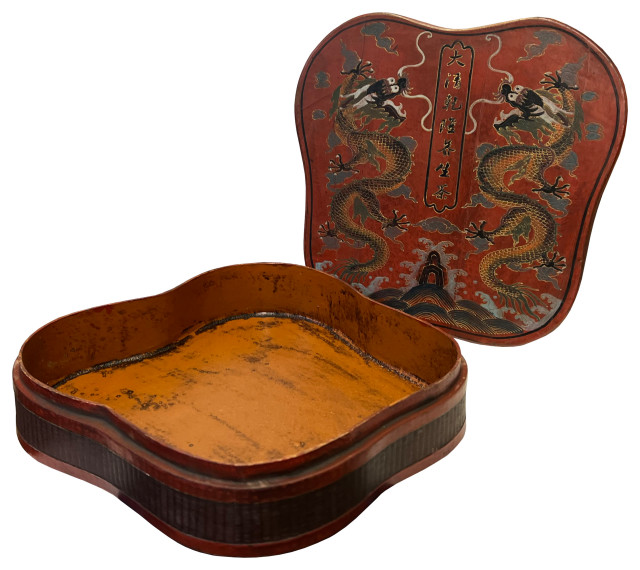 Chinese Distressed Brick Red Dragons Graphic Square Shape Box Hws3393 ...