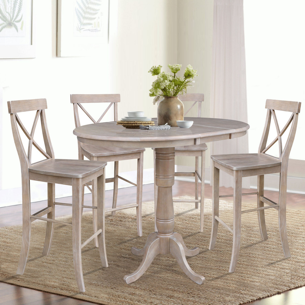 36" Round Extension Dining Table with Four Bar Height Stools, Washed ...