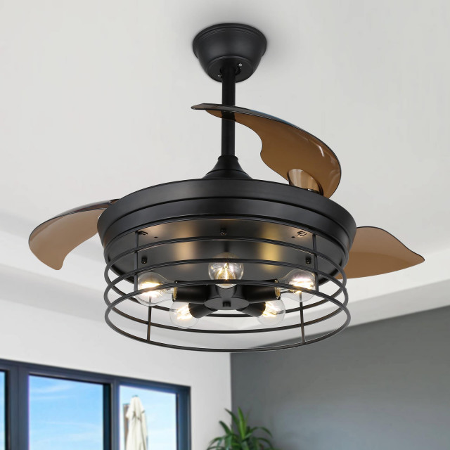 36" Black Industrial Retractable Ceiling Fan with Metal Shades Remote ...