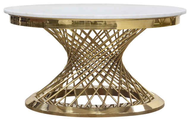 35" Round Cocktail Table with Genuine Marble Top and Gold Spiral Spoked ...