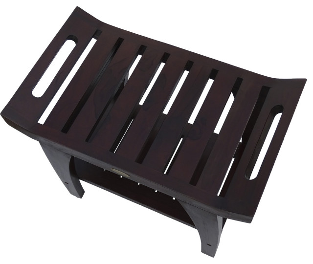 Contemporary Teak Shower Bench With Shelf And Handles In Brown Finish ...