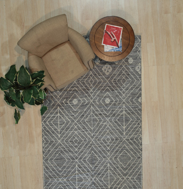 EORC Charcoal Handwoven Wool Punja Kilim Rug 2' x 6', Rectangular 2' x ...