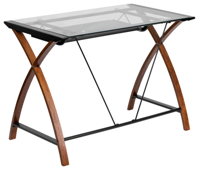 Glass Computer Desk with Pull-Out Keyboard Tray and Crisscross Frame ...