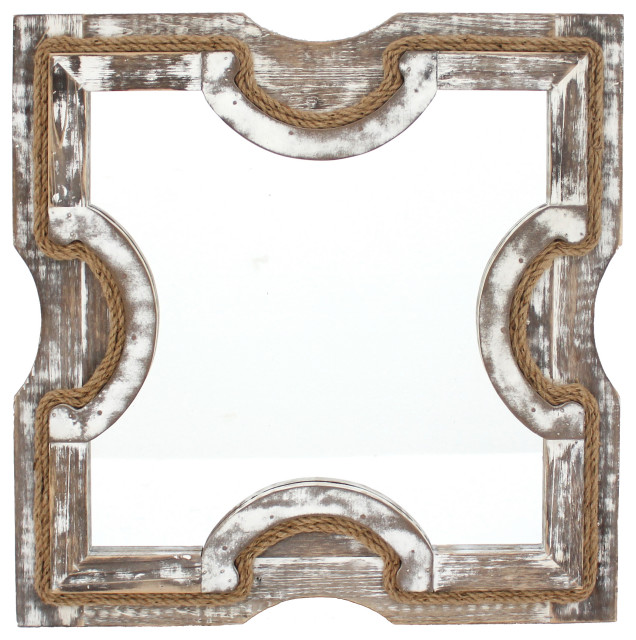 Square Wooden Wall Mirror with Rope Borders, Gray - Farmhouse - Wall ...