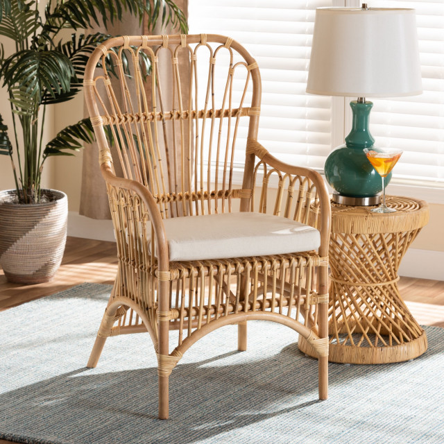 Contemporary Accent Chair with Natural Rattan Frame and White Cotton ...