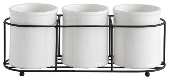 Set of 3 White Ceramic Crocks in Black Metal Holder - Utensil Holders ...