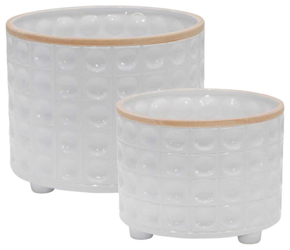2-Piece Set Ceramic Dimpled Footed Planter, White - Transitional ...