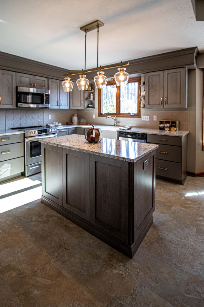 2 Tone Gray Kitchen with Quartz Countertop and Crackle Tile Backsplash ...