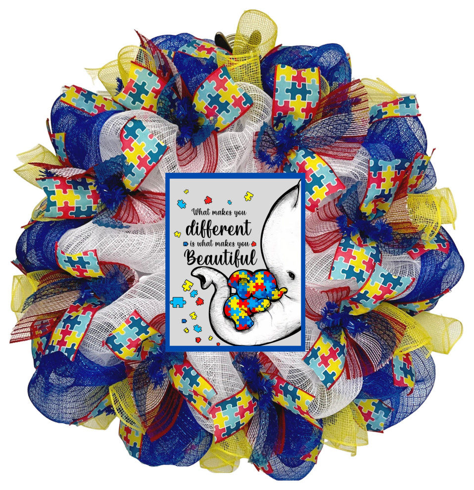 Autism Awareness Elephant Handmade Deco Mesh Wreath - Contemporary ...