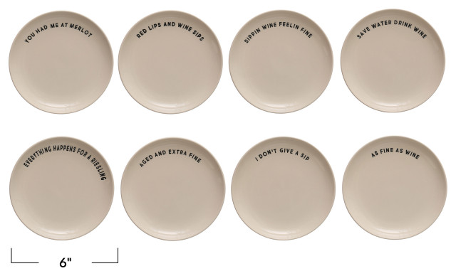 6" Round Stoneware Plates Dinnerware Set, Text Print Designs, Cream ...
