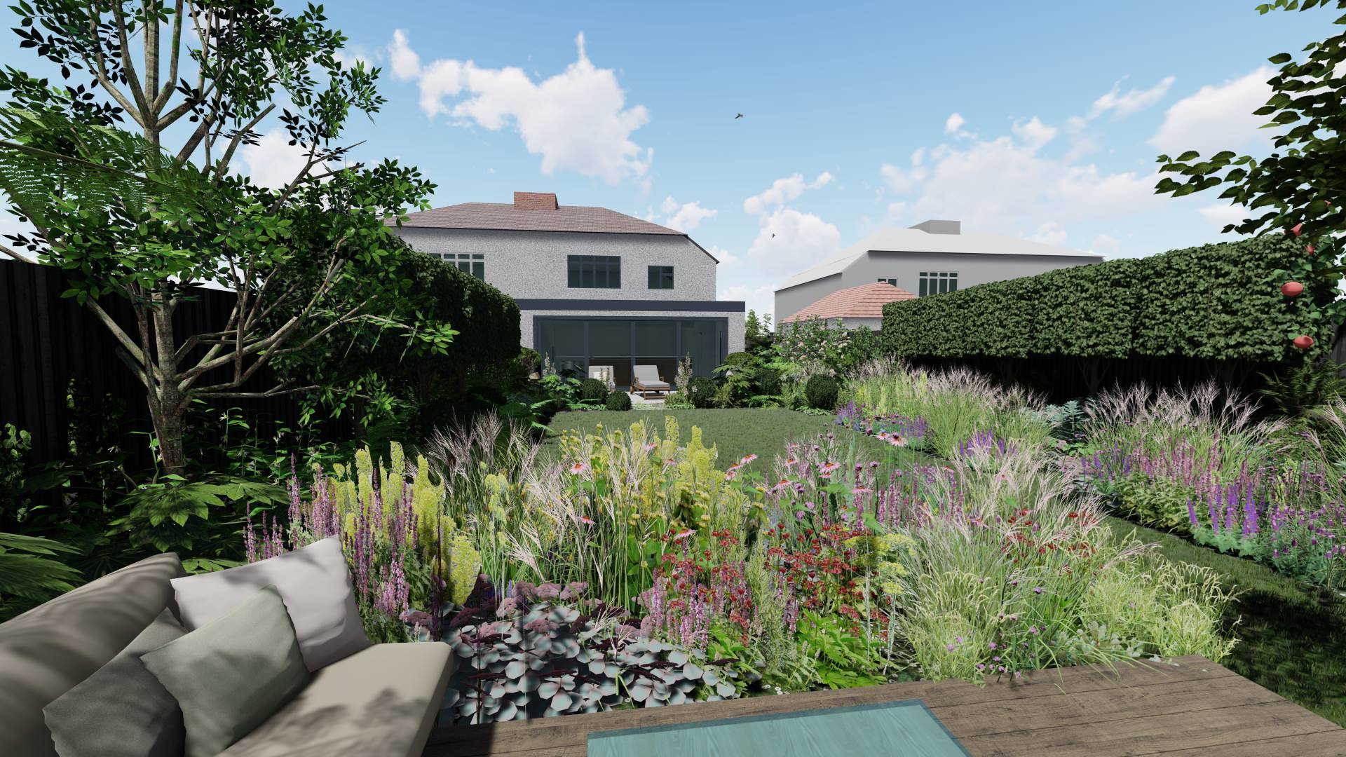 Fitness studio surrounded by big structural plants with perennials and ...