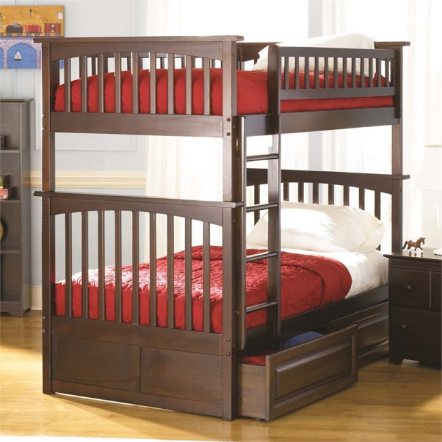 Leo & Lacey Mid-Century Wood Twin Over Full Storage Bunk Bed in Walnut ...