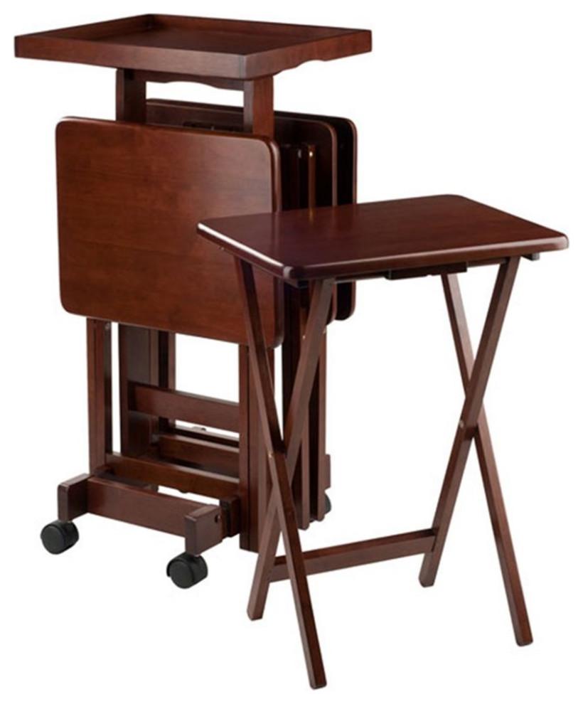 Pemberly Row 6-Piece Transitional Solid Wood Snack Table Set in Walnut ...