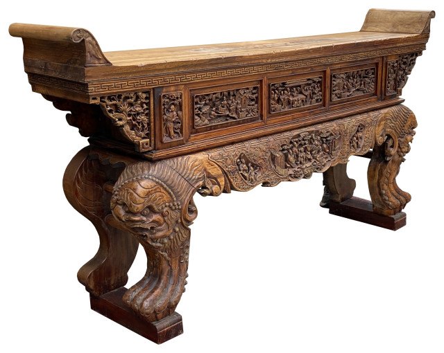 Chinese Vintage Opera Scenery Lion Heads Carving Long Altar Console ...