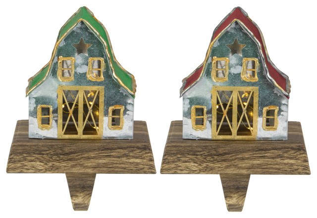 Set of 2 LED Lighted Galvanized Barn Christmas Stocking Holders 5.5 ...