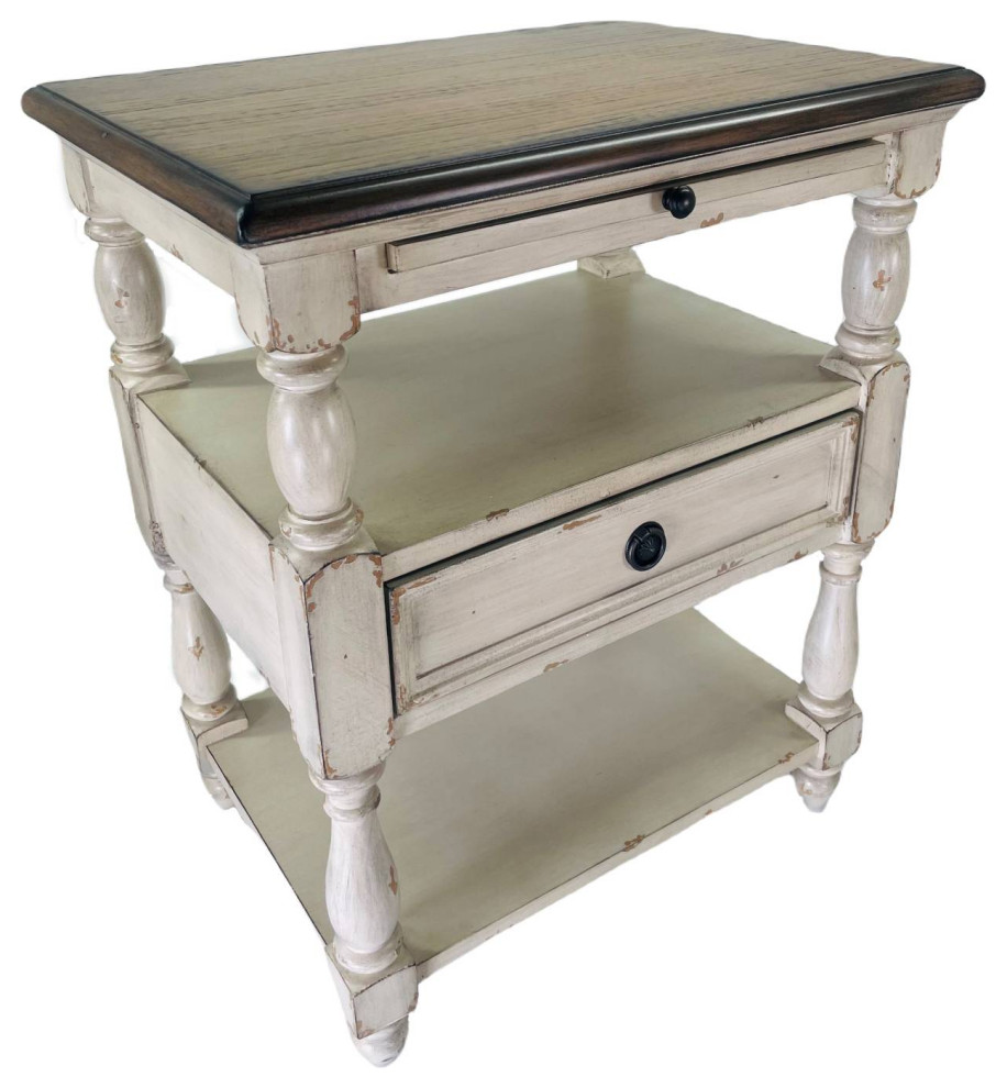 Weathered Cream End Table With Drawer and Slide Out Surface - French ...