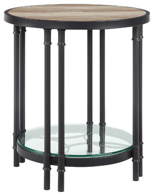 24" Sandy Black And Oak Manufactured Wood And Metal Round End Table ...