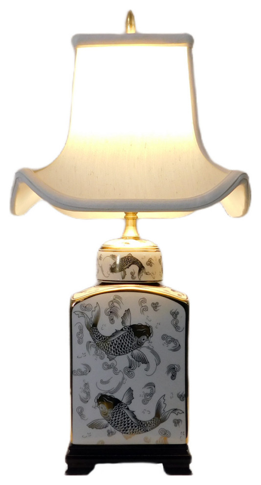 Oriental Metallic Goldfish Porcelain Tea Jar Table Lamp, 19" - Asian ...