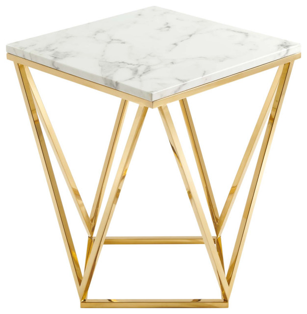 Sofa Side Table, Square, Artificial Marble, Metal, Gold White, Modern ...