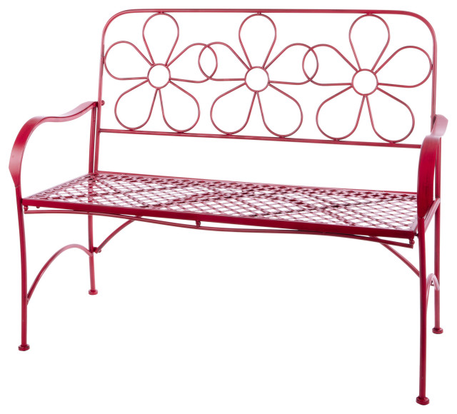 45"L Indoor/Outdoor 2-Person Metal Garden Bench, Daisy Backrest, Red ...