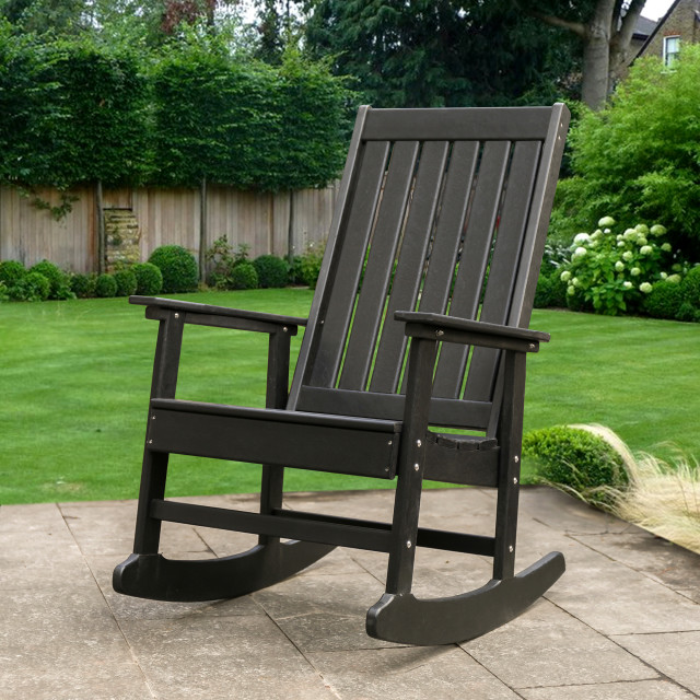 All Weather Recycled Plastic Outdoor Rocking Chair Black - Transitional ...