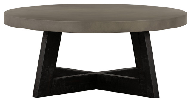 36" Gray And Black Concrete And Solid Wood Round Coffee Table ...