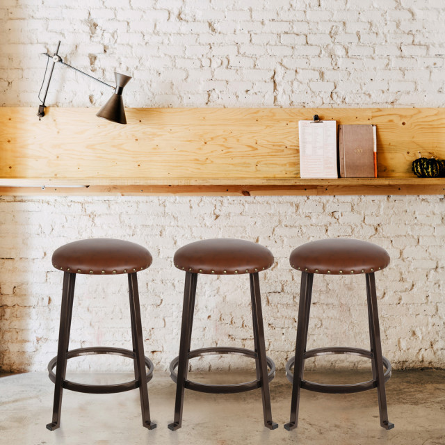 Round Backless Metal Bar Stool, Vegan Leather Seat, Set of 6 - Industrial - Bar Stools And ...