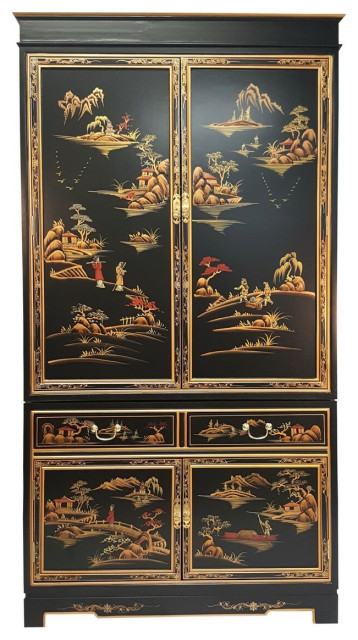 Oriental Armoire, Antique Black With Rich Gold Landscape - Asian ...