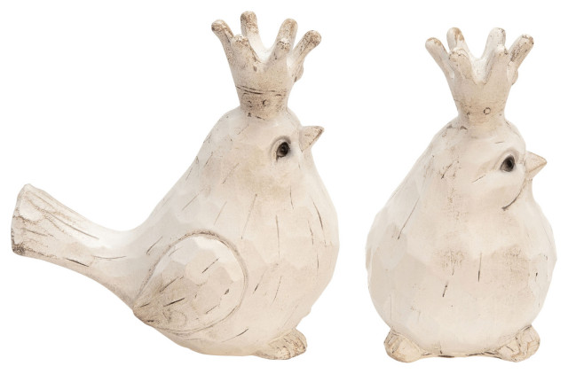Set of 2 Resin Birds With Crowns, White - Farmhouse - Decorative ...