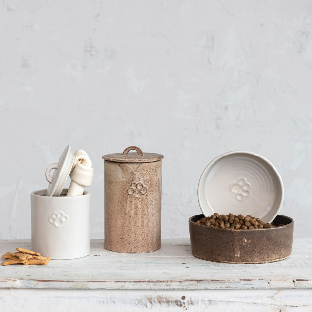 Round Debossed Stoneware Treat Canister With Paw Print, Reactive Glaze ...