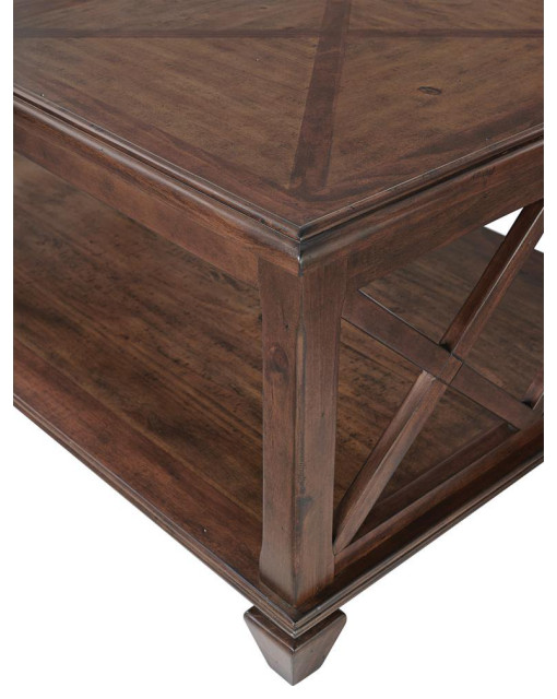 Traditional 45" Brown Pine Wood Coffee Table with Open Crossed Sides ...