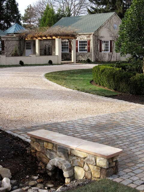 ELEGANT Driveway w granite curb, paver apron & stone culvert wall ...