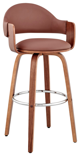 30" Rich Brown Faux Leather Walnut Wood Bar Stool - Midcentury - Bar ...