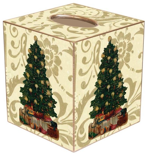 TB2529 - Christmas Tree on Gold Damask Tissue Box Cover - Traditional ...