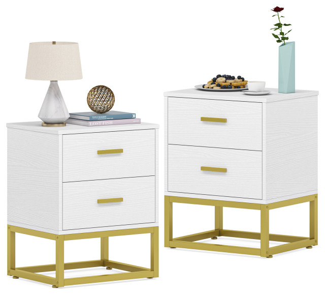 Nightstands With 2 Drawers, White Modern Night Stand, 2 Piece ...
