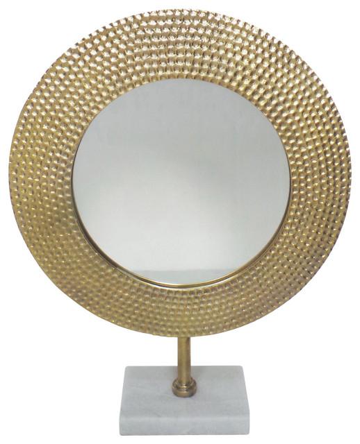Hammered Metal Frame Round Standing Mirror with Block Base, Large, Gold ...
