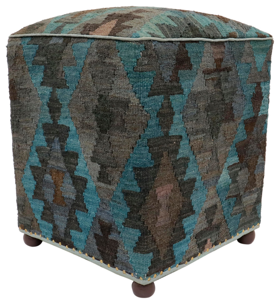 Art Deco Madaline Handmade Kilim Upholstered Ottoman, 15 in. x 15 in. x ...