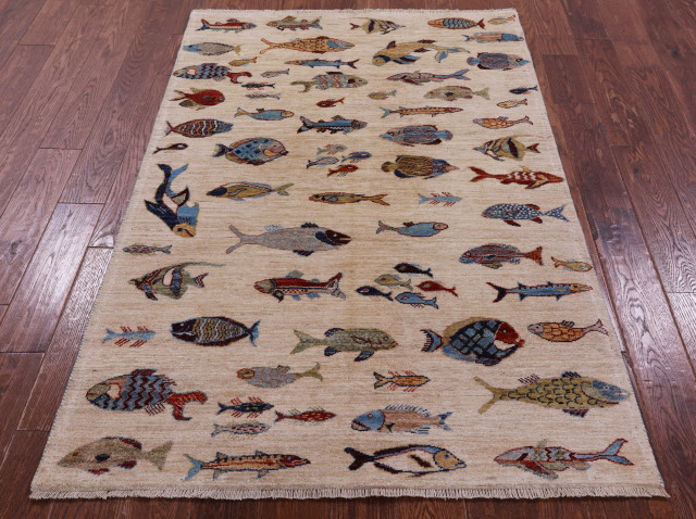 Gabbeh Fish Design Handmade Wool Rug 3' 10" X 5' 10" - Q20828, 3' 10" X ...
