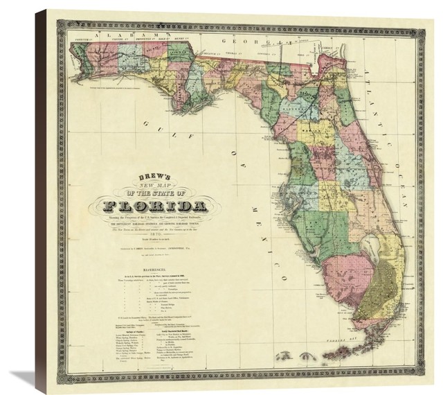"New Map of The State of Florida, 1870" Canvas Giclee by Columbus Drew ...