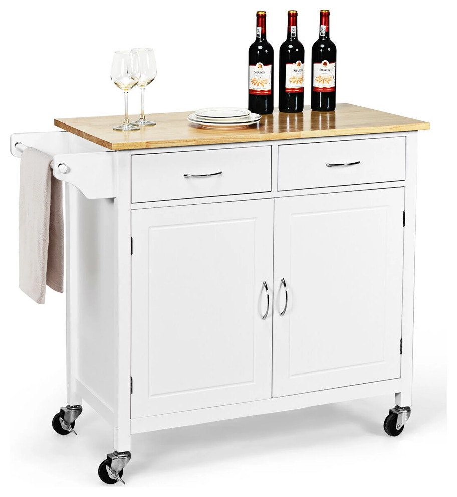 Modern Kitchen Cart, Rubberwood Frame With Cabinet & 2 Drawers, White ...