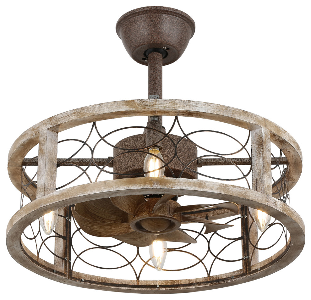 18” Farmhouse 4-Light Wood Caged Ceiling Fan with Lights and Remote ...