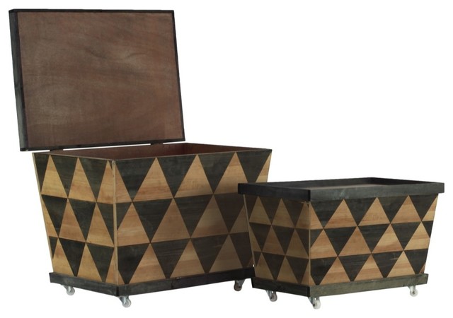 Wooden Rectangular Crate With Triangle Patterned Body, Set of 2, Brown ...