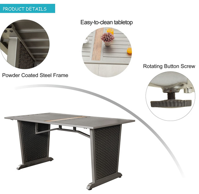 Modern Patio Dining Table, Rattan Legs & Rectangular Top With Grey ...